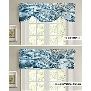 Segard Tie Up Valance for Windows,Marble Liquid Abstract Art Kitchen Valances Adjustable Rod Pocket Window Shade Valance,Blue White Gold Gradient Short Curtains Window Treatment for Bedroom 60x18in