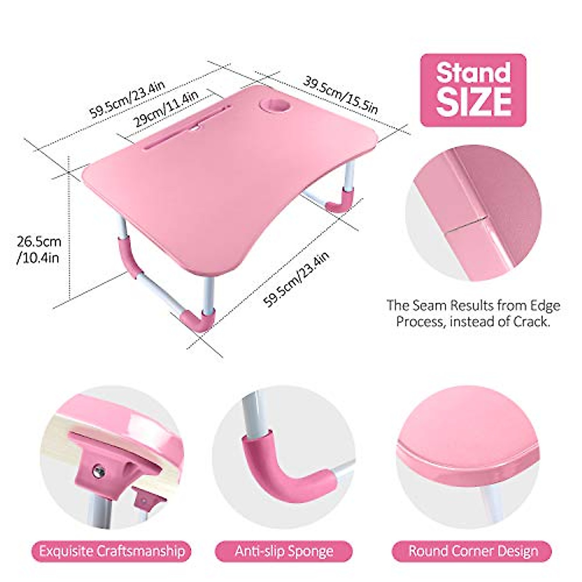 KPX Portable Laptop Bed Table, Fordable Lap Desk with Cup Slot & Notebook Stand Breakfast Bed Trays for Eating and Laptops Book Holder Lap Desk for Floor,Couch, Sofa, Bed, Terrace, Balcony (Pink)