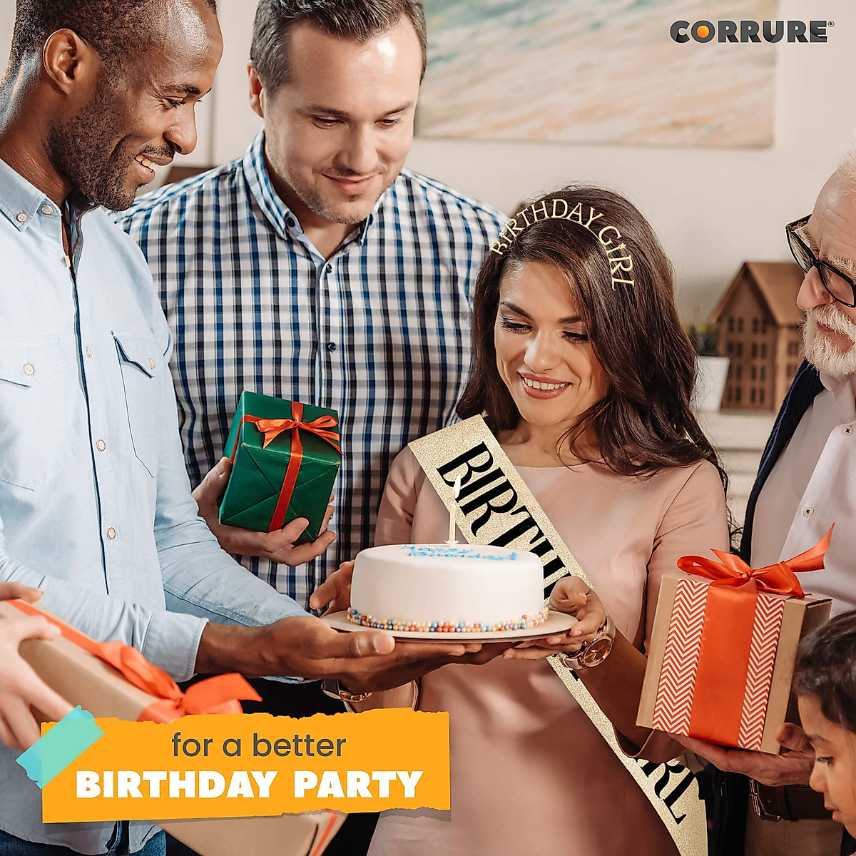 CORRURE 'Birthday Girl' Sash and Headband Tiara - Gold Glitter with Black Foil Happy Birthday Sash and Tiara for Women - Party Favors Supplies and Decorations for 18th 21st 30th 40th Bday Party