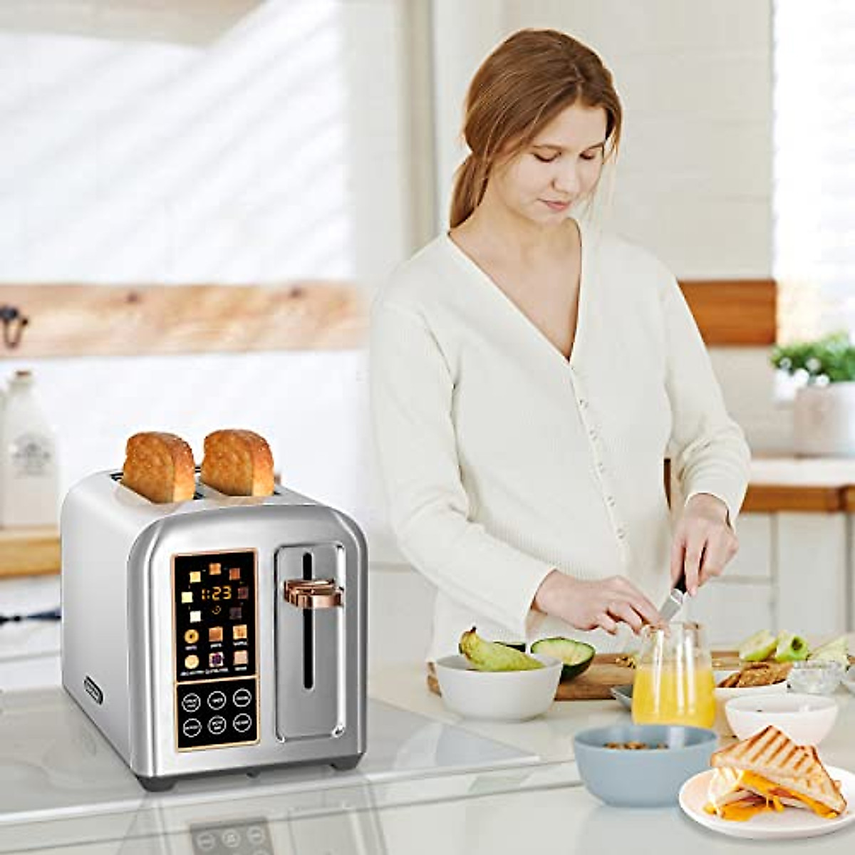SEEDEEM Toaster 2 Slice, Stainless Steel Bread Toaster with LCD Display and Touch Buttons, 50% Faster Heating Speed, 6 Bread Selection, 7 Shade Settings, 1.5''Wide Slots Toaster with Cancel/Defrost/Reheat Functions, Removable Crumb Tray, 1350W, Silver Met