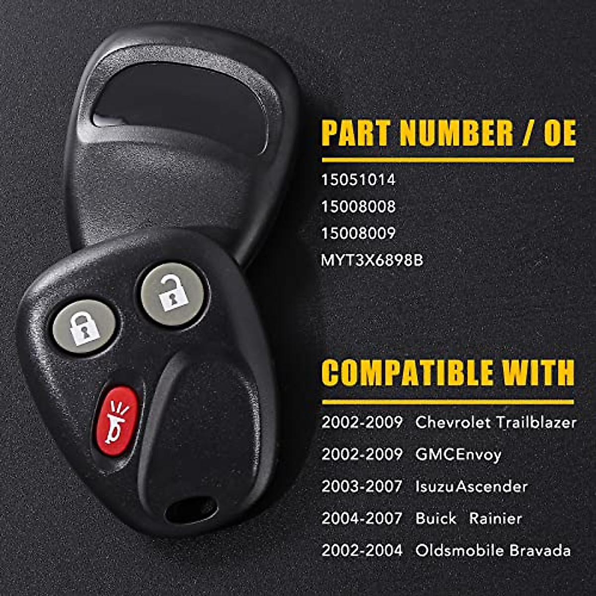 Key Fob Replacement Fit for Chevy Trailblazer GMC Envoy Isuzu Ascender Buick Rainier Oldsmobile Bravada 2002 2003 2004 2005 2006 2007 2008 2009, 3 Btn #15008008 15008009 Car Remote, 1pc