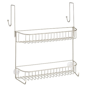 mDesign Extra Wide Metal Wire Over The Bathroom Shower Door Caddy, Hanging Storage Organizer with Built-in Hooks and Baskets on 2 Levels for Shampoo, Body Wash, Loofahs, Rust Resistant - Satin