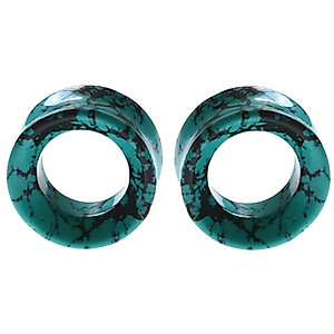 Ear gauges hollow organic stone Teal Howlite flesh tunnel eyelet plugs SoScene 10mm- 00 gauge