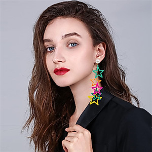 CHUNYANAN Boho Charm Hollow Colorful Acrylic Five-pointed Star Exaggerated Dangle Drop Earrings Color Five Stars With Pearl Drop Earrings Sparkly Chic Jewelry Gift (Colorful Acrylic Five-pointed Star)