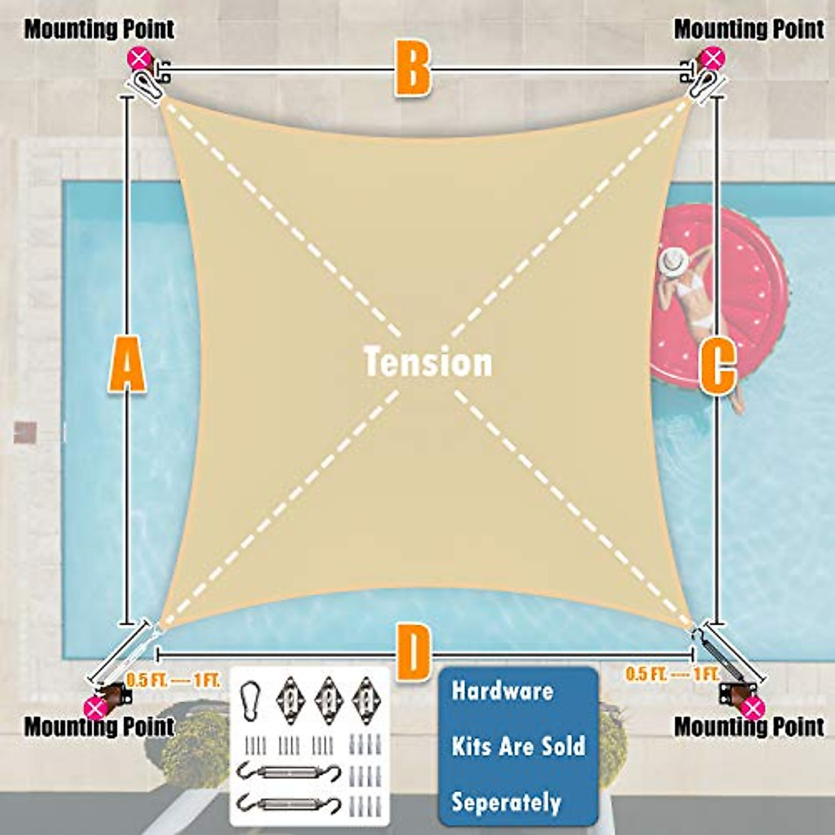 ShadeMart 12' x 20' Beige Sun Shade Sail Rectangle Canopy Fabric Cloth Screen smTAPR1220, Water and Air Permeable & UV Resistant, Heavy Duty, Carport Patio Outdoor - (We Customize Size)