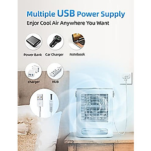 3-IN-1 Portable Air Cooler, USB Powered Desktop Cooling Fan, 3 Levels Spray Humidify & 3 Speeds Personal Air Conditioner Fan w/8 Night Light Modes, Evaporative Air Cooler for Small Room/Office/Camping