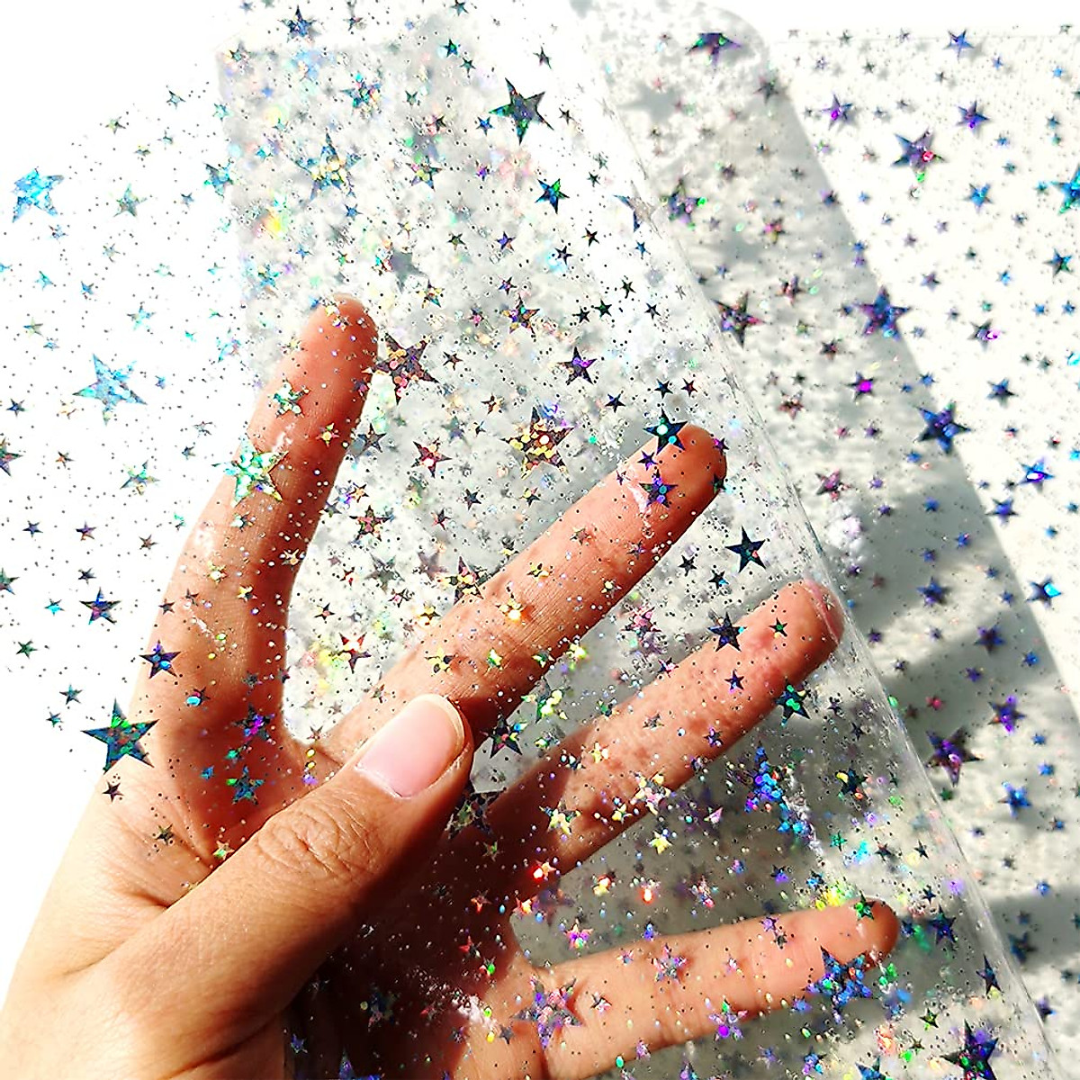 HYANG Glitter Star Solid Transparent PVC Super Clear Holographic Vinyl Faux Leather Sheets 1 Roll 12" x 47" (30cm x 120cm) for DIY Bows Earrings Bags DIY Crafts Making