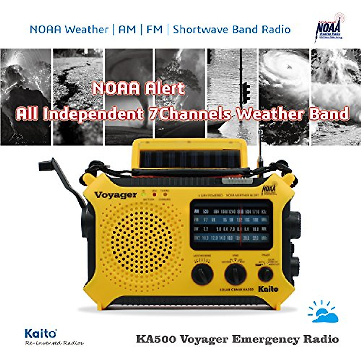 Kaito KA500 5-way Powered Solar Power,Dynamo Crank, Wind Up Emergency AM/FM/SW/NOAA Weather Alert Radio with Flashlight,Reading Lamp and Cellphone Charger, Yellow