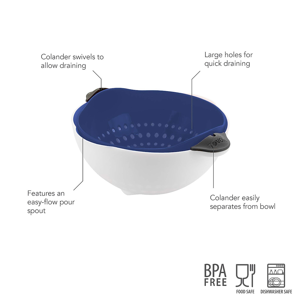 Tovolo N' Strain 1.5 Quart Colander Easy-Pour Spout, 2-in-1 Strainer & Soaking, Fruit Bowl & Vegetable Wash, BPA-Free & Dishwasher-Safe, Deep Indigo