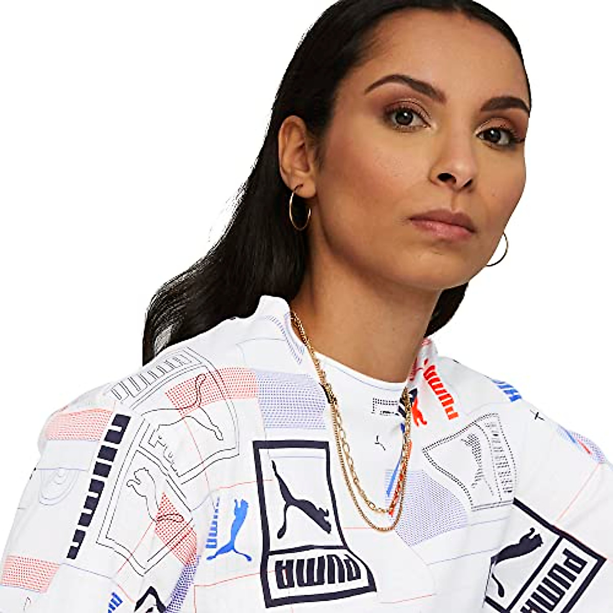 PUMA Women's Classics Printed Tee, White-AOP, Medium