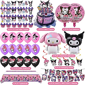 Kuromi Birthday Party Supplies, Party Decorations Set Include Banner, Balloons, Hanging Swirls, Cake Cupcake Toppers, Tablecloth for Girls Kuromi Theme Party