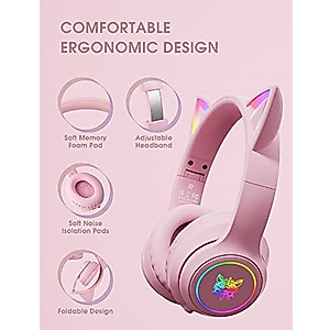 ONITOON Cat Ear Bluetooth Headphones with Micphone for Kids & Adults, LED Light Up Wireless HI-FI Sound Quality, Over-Ear Headphones with Volume Control for iPhone/iPad/Laptop/PC(55H Play Time)