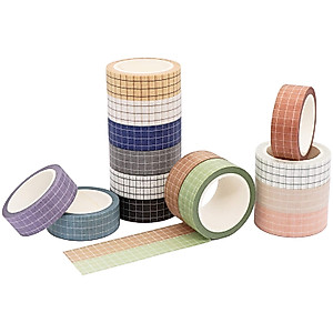 Knaid Grid Washi Tape Set, 14 Rolls of 15 mm Wide Decorative Colored Masking Tapes for Scrapbooking, DIY Decor and Crafts, Bullet Journals, Planners, Junk Journal, Gift Wrapping