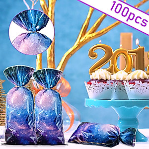 100 Pieces Outer Space Party Bags Plastic Galaxy Theme Bags Goodie Favor Bags Party Candy Bags with 100 Silver Twist Ties for Birthday Baby Shower Supplies
