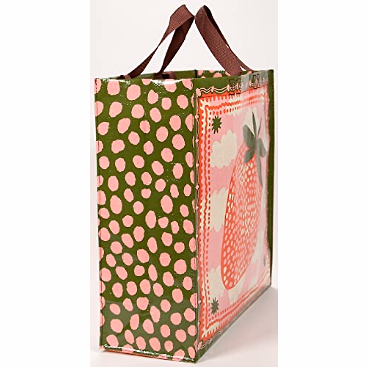 Blue Q Shopper - Strawberry Clouds. Reusable grocery bag, sturdy, easy-to-clean, 15" h x 16" w x 6" d. Made from 95% recycled material.