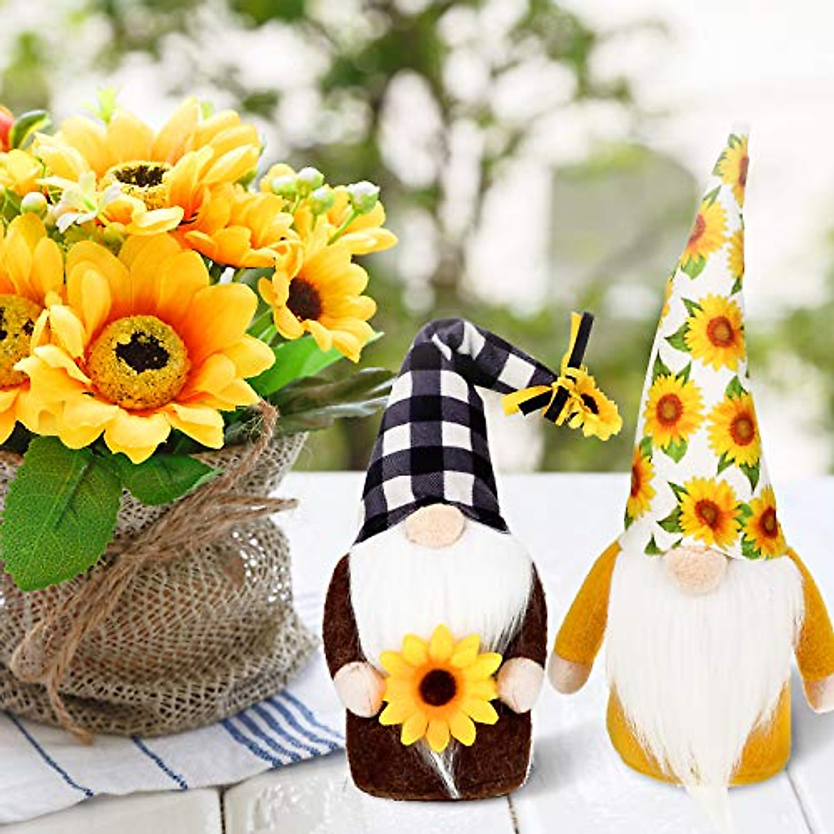 3 Pieces Summer Swedish Gnomes Decor Spring Buffalo Plaid Rustic Tiered Tray Decorations Plush Sunflower Ornaments for Home Garden Kitchen Decor