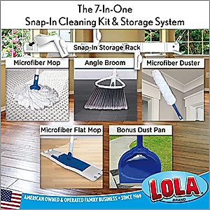 Lola Products 7-in-1 Cleaning Kit & Storage System | SPACE SAVER | 3 Mops, 1 Broom, 1 Dustpan, 1 Storage Rack & 1 Handle | Cleans Dirt, Dust, & Pet Hair | Wall Mount Holder, Floor Cleaner, & Dusting