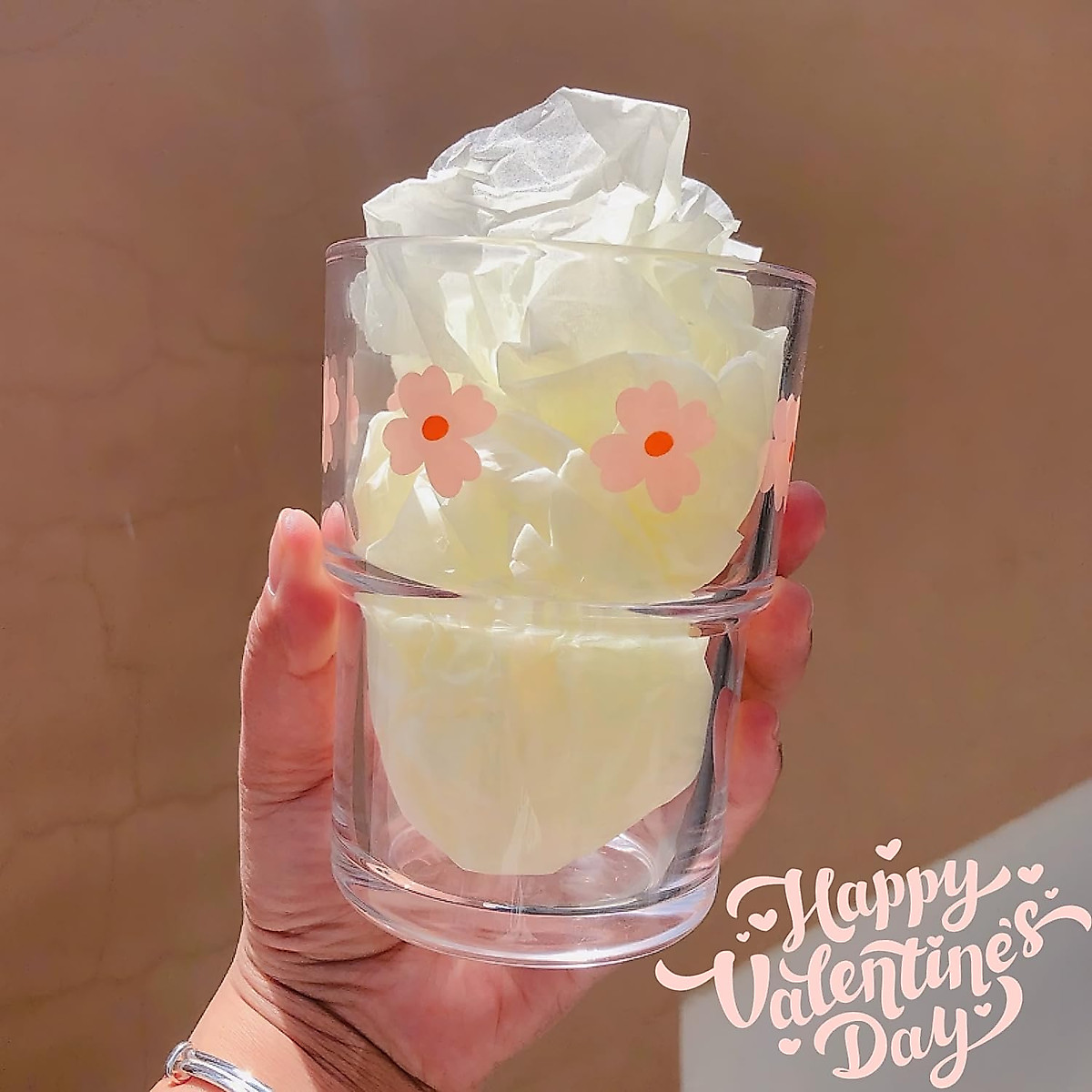 Olvini 13oz Glass Tumbler with Glass Straw and Lid, Iced Coffee Cups Reusable, Water Cup, Coffee Tumbler, Glass Coffee Mugs, Drinking Glass Cups (Pink Flower)