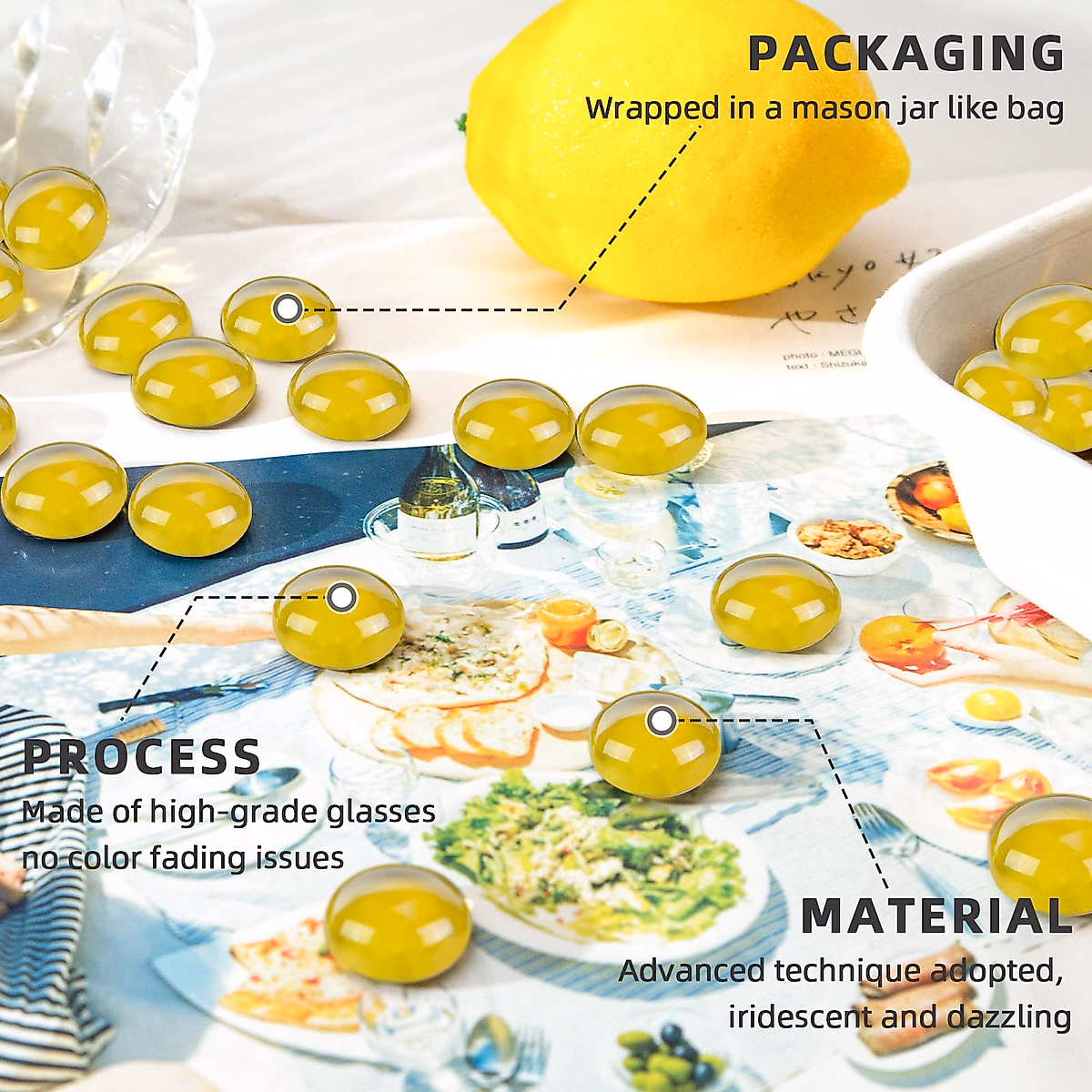 FUTUREPLUSX 1LB Yellow Flat Glass Marbles, Glass Beads Floral Pebbles Decorative Rocks Gold Gemstones Vase Fillers for Centerpieces Table Scatter Aquarium Fall Home Decor