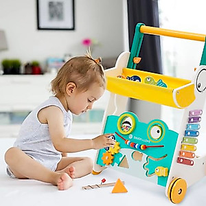 Wooden Baby Push Walker Wooden Push Toy Sit-to-Stand Learning Walkers for Baby Toddlers Baby Walker Activity Center Toys Fishing Game for 1+ Year Girls Boys Multi-Activity Learning Walker