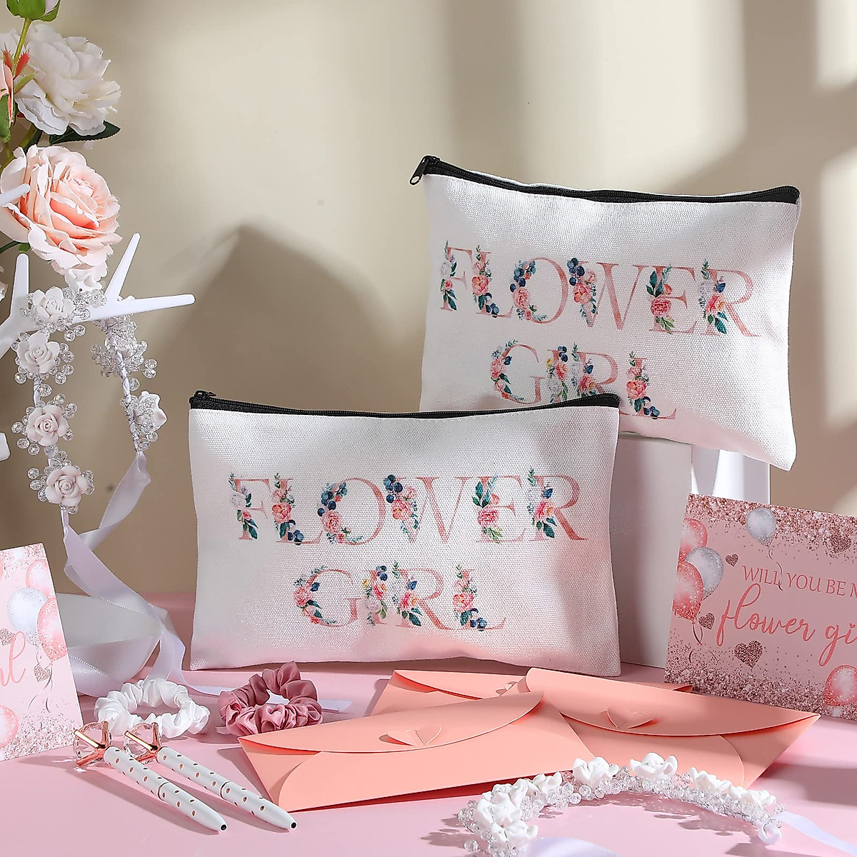 12 Pieces Wedding Flower Girl Proposal Gifts Set, Cosmetic Bag, Flower Girl Headpiece, Satin Scrunchies, Diamond Pens, Flower Girl Proposal Card and Envelope for Wedding, Engagement, Bridal Party