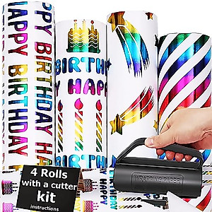 THMORT Birthday Wrapping Paper Roll with a Cutter Kit for Boys&Girls,Adults,Kids Princess Pink Barbies 17 Inch X 120 Inch Colorful Foil Gift Wrapping Paper Rainbow Baby Shower