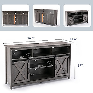 fancyqube Farmhouse Coffee Bar Cabinet, Rustic Sliding Barn Door Storage Cabinet with Power Outlet, Buffet Server Sideboard Cupboard Table for Dining Room Entryway Kitchen (Wash Grey)