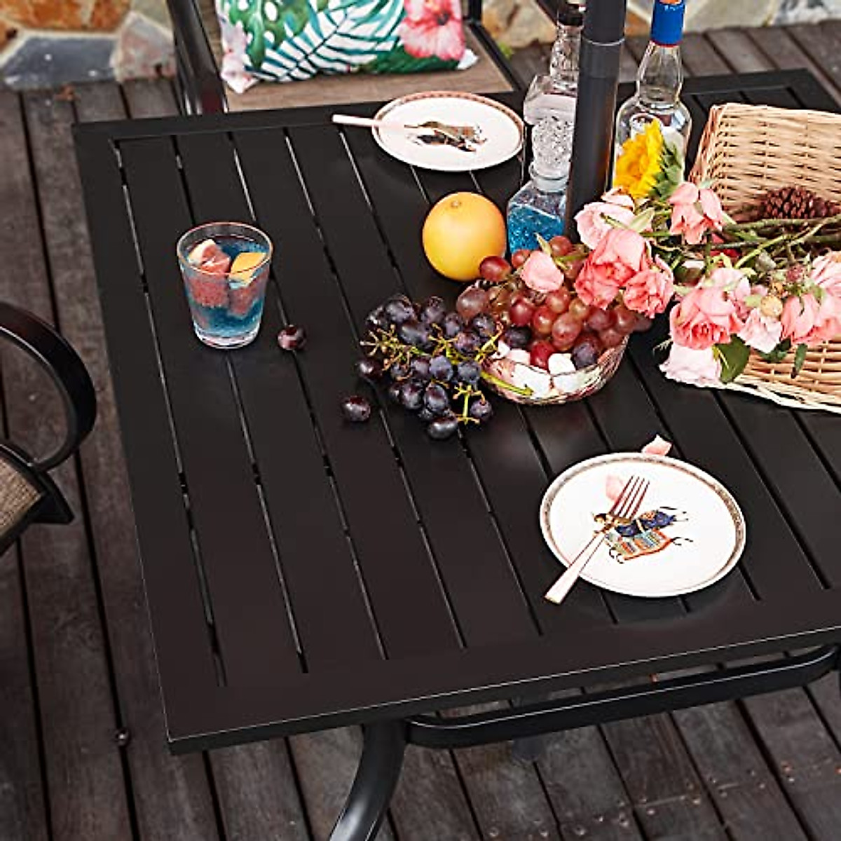 VICLLAX Steel Slat Square 1.57" Garden, Backyard and Porch Umbrella Hole 37 Inch Patio Dining Outdoor Metal Table, Black