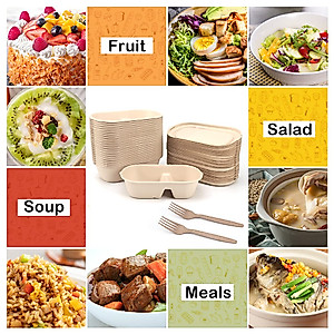 50Pcs Disposable Bowls with Lids and Forks,2 Compartment Paper Pulp Compostable Food Storage Container,Biodegradable Disposable Bowls Leakproof and Microwave Safe,for Hot/Cold Use