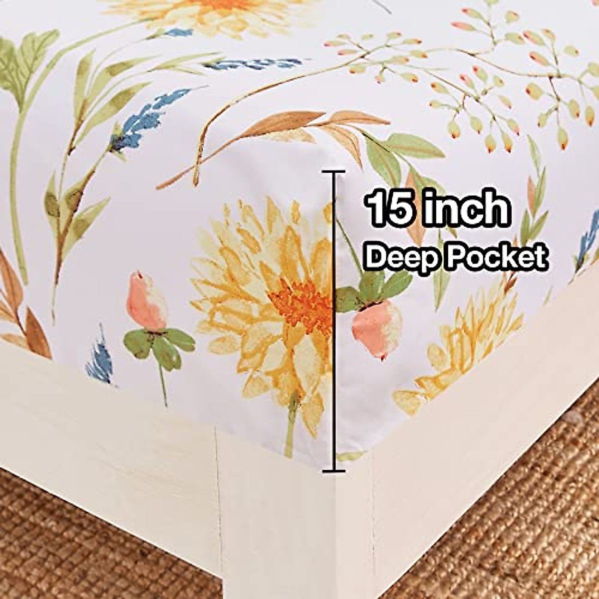 JSD 6 Piece Yellow Floral Print Sheet Set Queen Size, Soft Botanical Microfiber Sheets and Pillowcases Deep Pocket