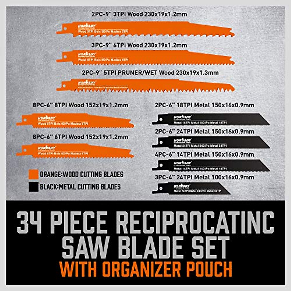 HORUSDY 34-Piece Reciprocating Saw Blades Set, Metal & Woodcutting Saw Blades, Sawzall Blades with Pouch.