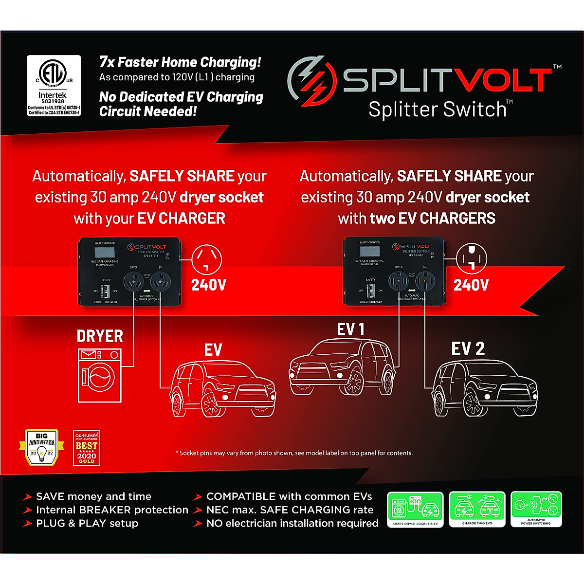 Splitvolt(NEMA 10-30, 240V, 24 Amp Splitter Switch - Save Thousands on Home Electric Vehicle Charging (EV) Install, cETLus Certified, Charge Two EVs, Plug and Play