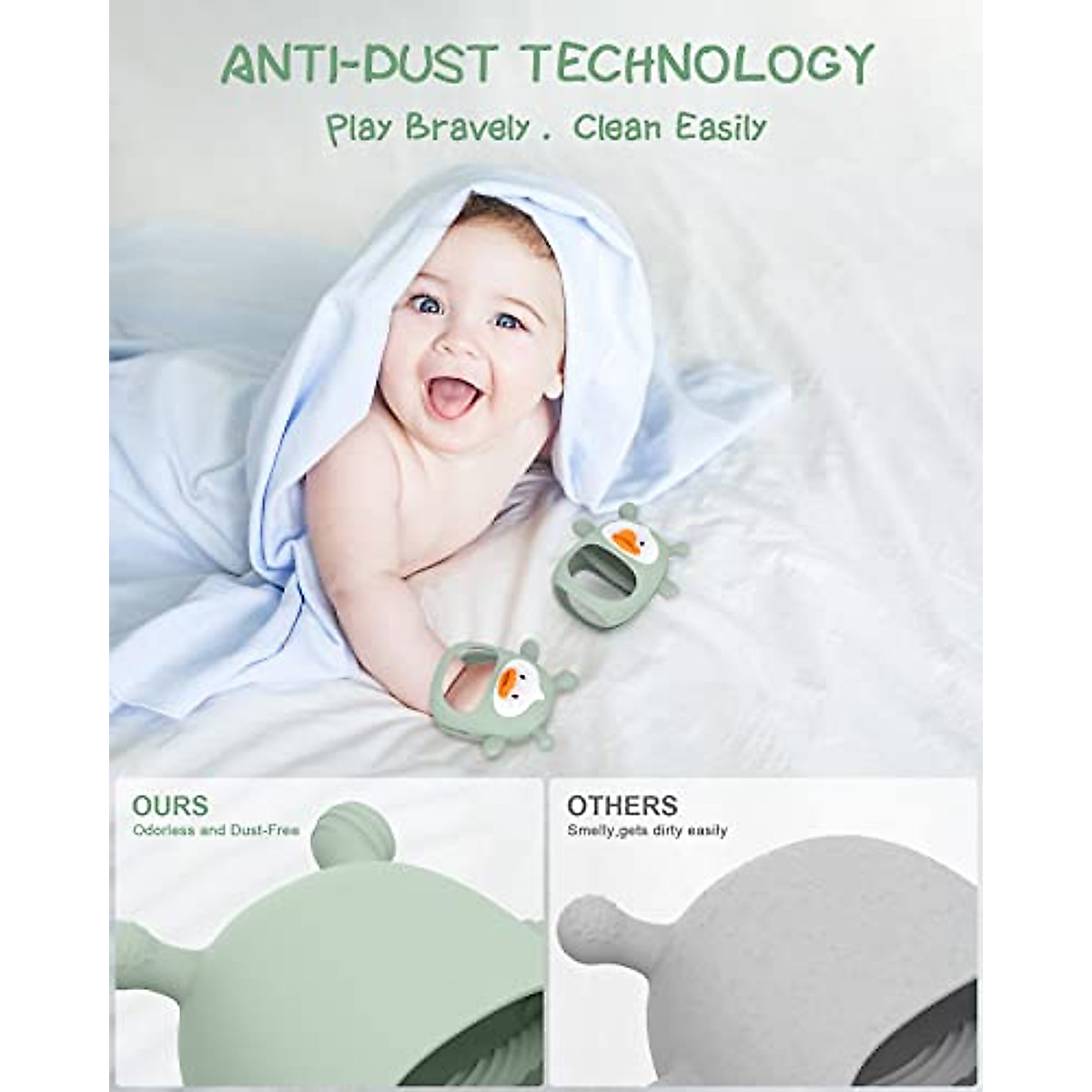 Baby Teething Toys, for Infants 3+ Months, Never Drop Silicone Baby Mitten Teether for Soothing Pain Relief, Baby Chew Toys for Sucking Needs, BPA Free (Green)