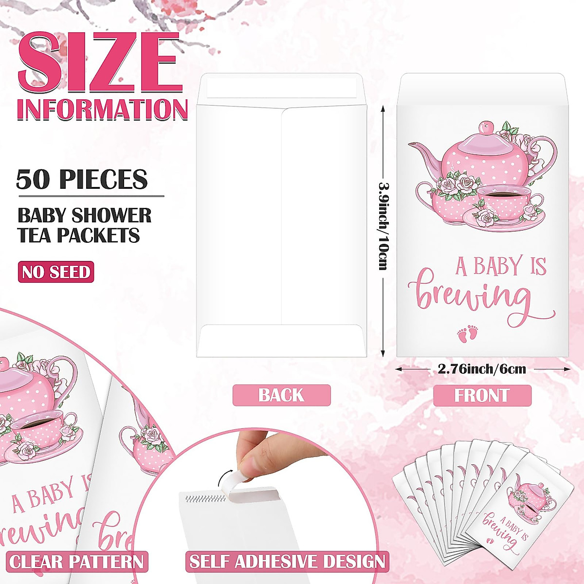 Spakon 50 Sets Baby Shower Tea Party Favors Baby Party Gift Include a Baby Is Brewing Tea Bags Baby Brew Bag Thank You Cards and Organza Bags Baby Shower Favors for Guests Gender Reveal, No Tea (Pink)