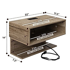ALIMORDEN Floating Nightstand with USB Ports, Wall Mount Shelf with Drawer Storage, Industrial Bedside Table for Bedroom, Weathered Oak