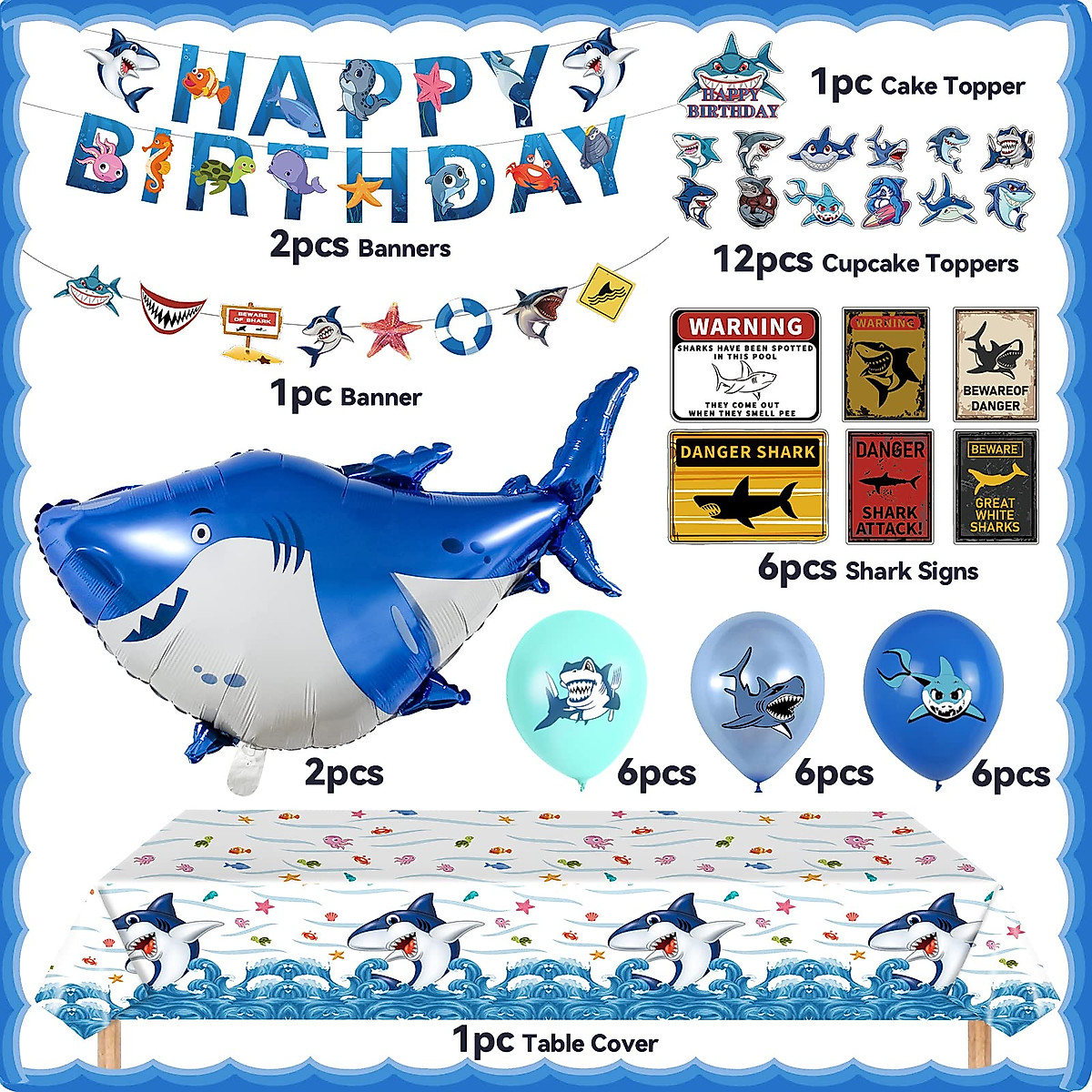 Shark Birthday Decorations, Ocean Shark Party Decorations Include Shark Balloons, Happy Birthday Banners, Cupcake & Cake Toppers, Shark Signs and Tablecloth for Boys Girls Ocean Theme Shark Party