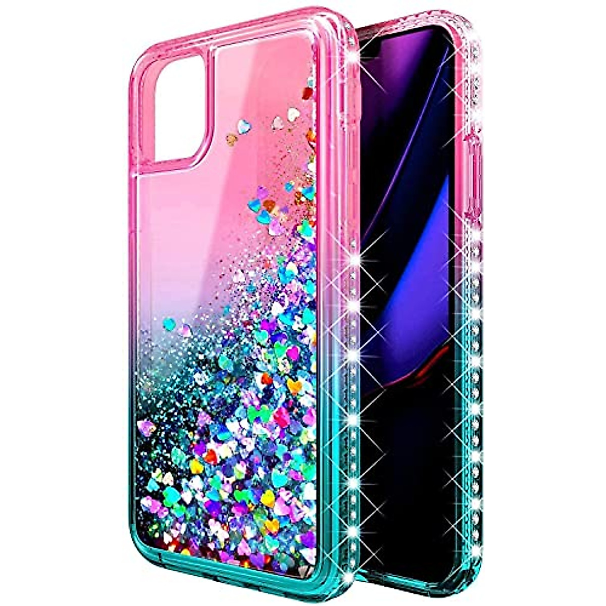 NGB Compatible with iPhone 11 Case with Tempered Glass Screen Protector, Ring Holder/Wrist Strap, Girls Women Liquid Bling Sparkle Floating Glitter Cute Phone Case (Pink/Aqua)