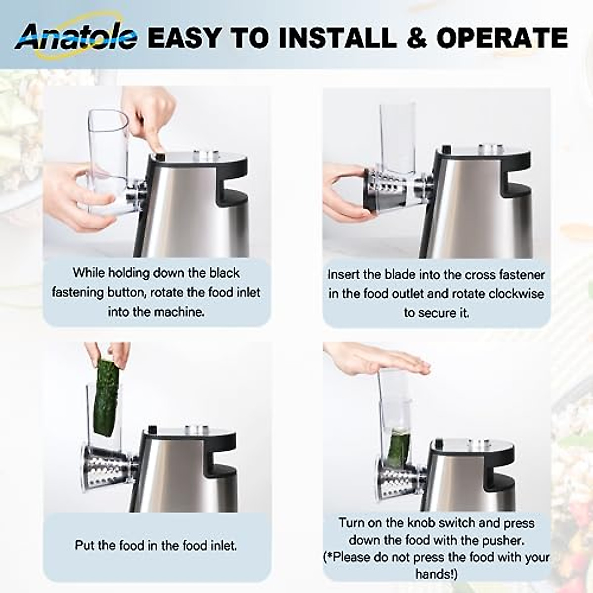 Anatole Electric Cheese Grater Shredder 250W Stainless Steel Automatic Vegetable Chopper Slicer Professional Salad Maker Food Processor Machine with 5 Blades for Home Kitchen BPA-Free 110V US-Plug