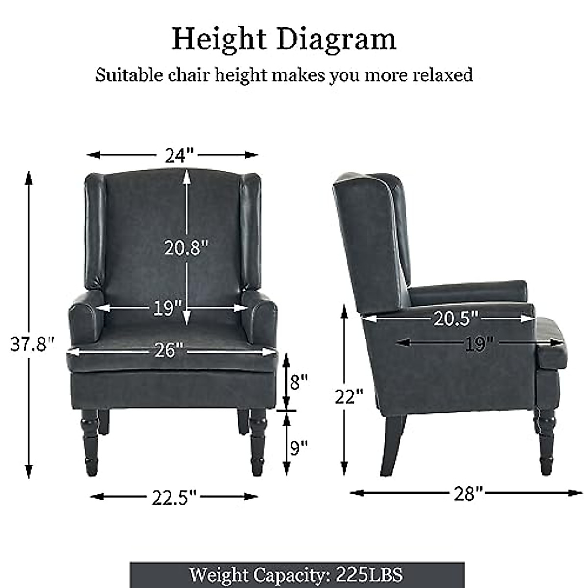 LOVSPATIO Faux Leather Accent Chair, Mid-Century Upholstered Living Room Chairs, Comfy Single Recliner Sofa with Arm and Wood Legs for Bedroom Waiting Room Office - Grey