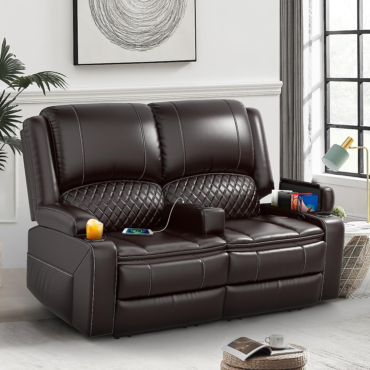 Yolsali Loveseat Recliner Sofa, Manual Reclining Loveseat with Removable Armrest, Faux Leather Recliner Loveseat for Adults with 2-Tier Cushions, USB Charging Ports, Cup Holders - Brown