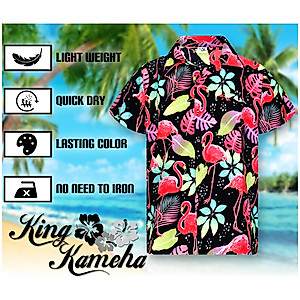 KING KAMEHA Funky Hawaiian Shirt, Shortsleeve, Funky Flamingos, Black, XL