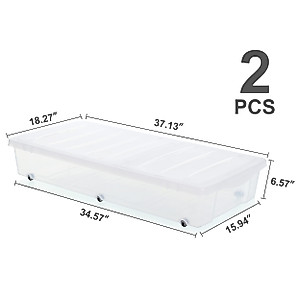 Citylife 2 Packs 57 QT Plastic Under Bed Storage Bins with Double-opening Lids Clear Underbed Storage Containers with Wheels for Organizing Shoes, Blankets, Clothes