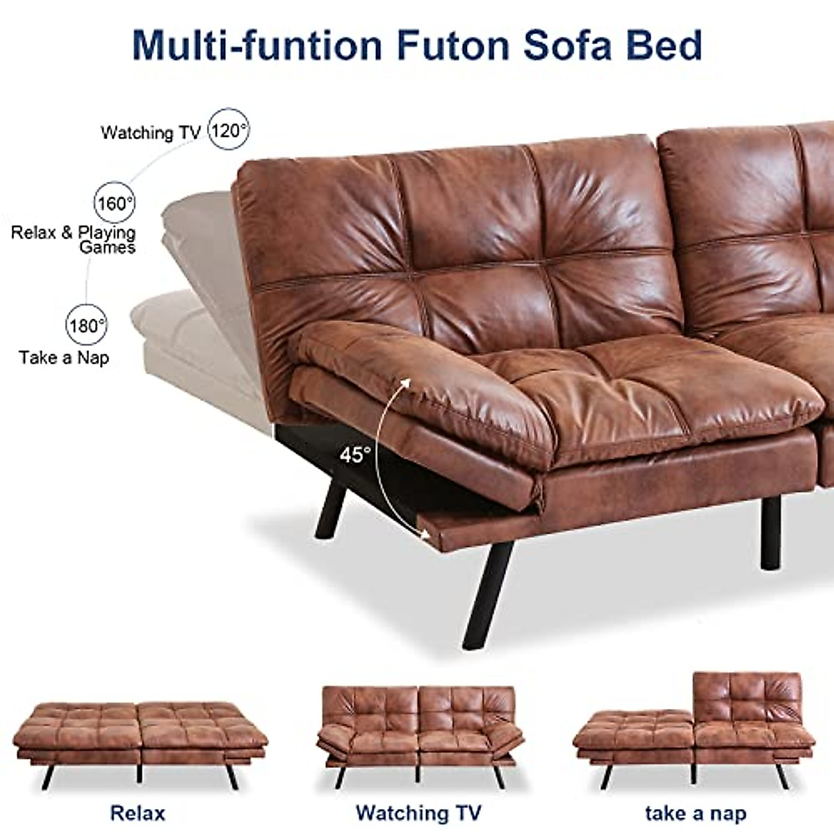 QAIIOO Futon Sofa Brown with Compact Living Space, Memory Foam Modern Convertible Sleeper Bed, Folding Recliner Adjustable Backrest Armrests, Apartment, Dorm, Bonus Room, 71" D x 33" W x 31.5" H