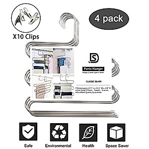 devesanter Pants Hangers Non-Slip S-Shape Trousers Hangers Stainless Steel Clothes Hangers Closet Storage Organizer for Pants Jeans Scarf (4 Pack with 10 Clips)