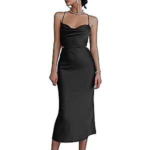 LYANER Women's Satin Cowl Neck Straps Slip Sexy Cut Out Cocktail Midi Dress Black Small