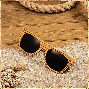 Woodies Polarized All-Wood Zebra Wood Sunglasses for Men and Women | Dark Lenses and Real Wooden Frame | 100% UVA/UVB Ray Protection