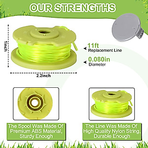 Hiboom 30 Pcs String Trimmer Line Weed Wacker String AC80RL3 Weed Rope String Twisted Weed Whip String and 6 Pcs Trimmer Cap Cover Compatible with Ryobi 18V 24V 40V Cordless Trimmers, 11 ft