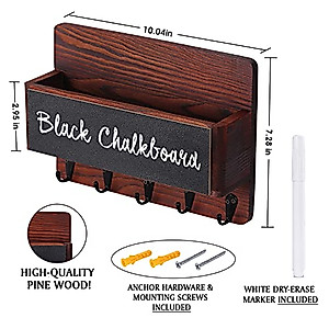 EMERAL Decor Pine Wood Wall Key Holder - Black Dry-Erase Chalkboard (Marker Included) - Decorative Rack Hook to Organize Keys, Mail, Dog Leashes - Housewarming Gift