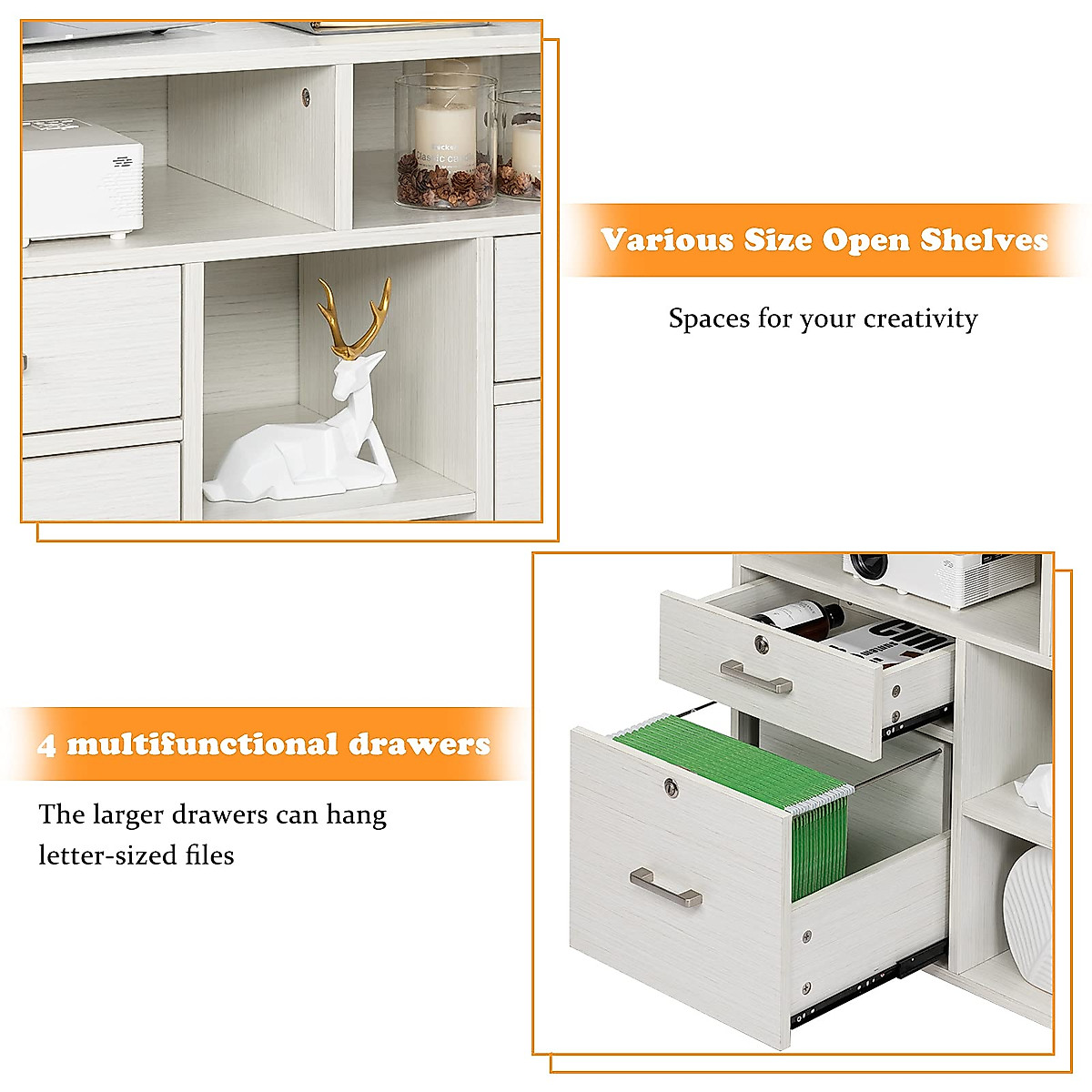 VINGLI Wood Mobile File Cabinet with 4 Drawers and Shelves, Printer Stand with Open Storage, Lockable Lateral Filing Cabinet for Home Office, Assembly Required, Light Beige Close to White