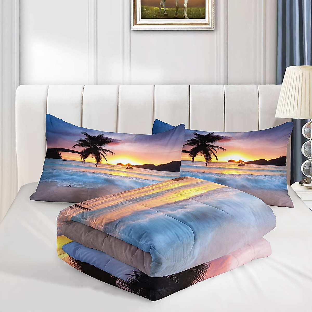 AILONEN Beach Comforter Set for Kids Boys Girls, Ocean Theme Bedding Set Full Size,Beach Pattern Quilted Duvet,Ultra Soft Coastal Beach Quilt,1 Comforter 2 Pillowcases 3 Piece